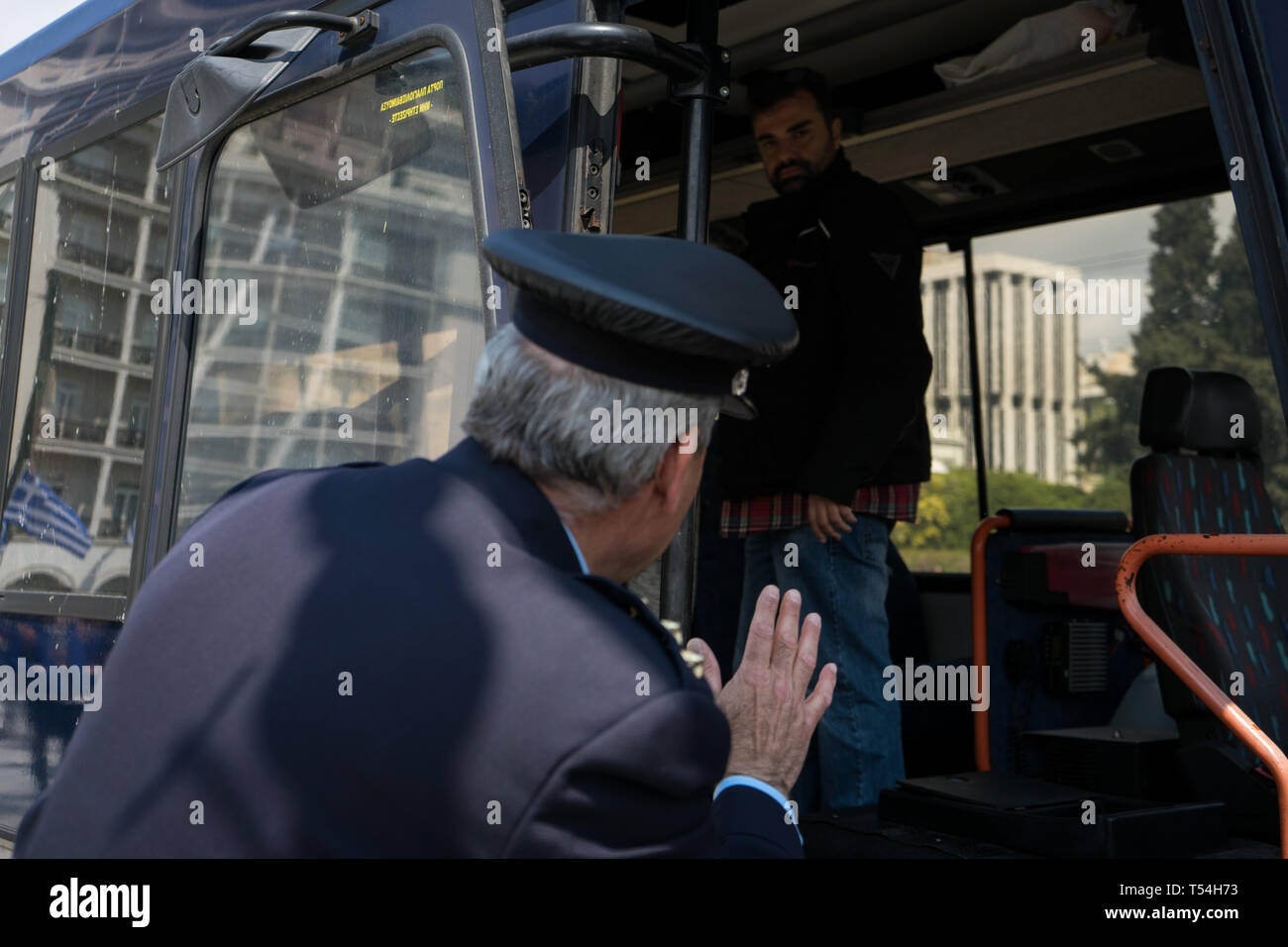 Athens, Attica, Greece. 21st May, 2019. A police officer seen speaking ...