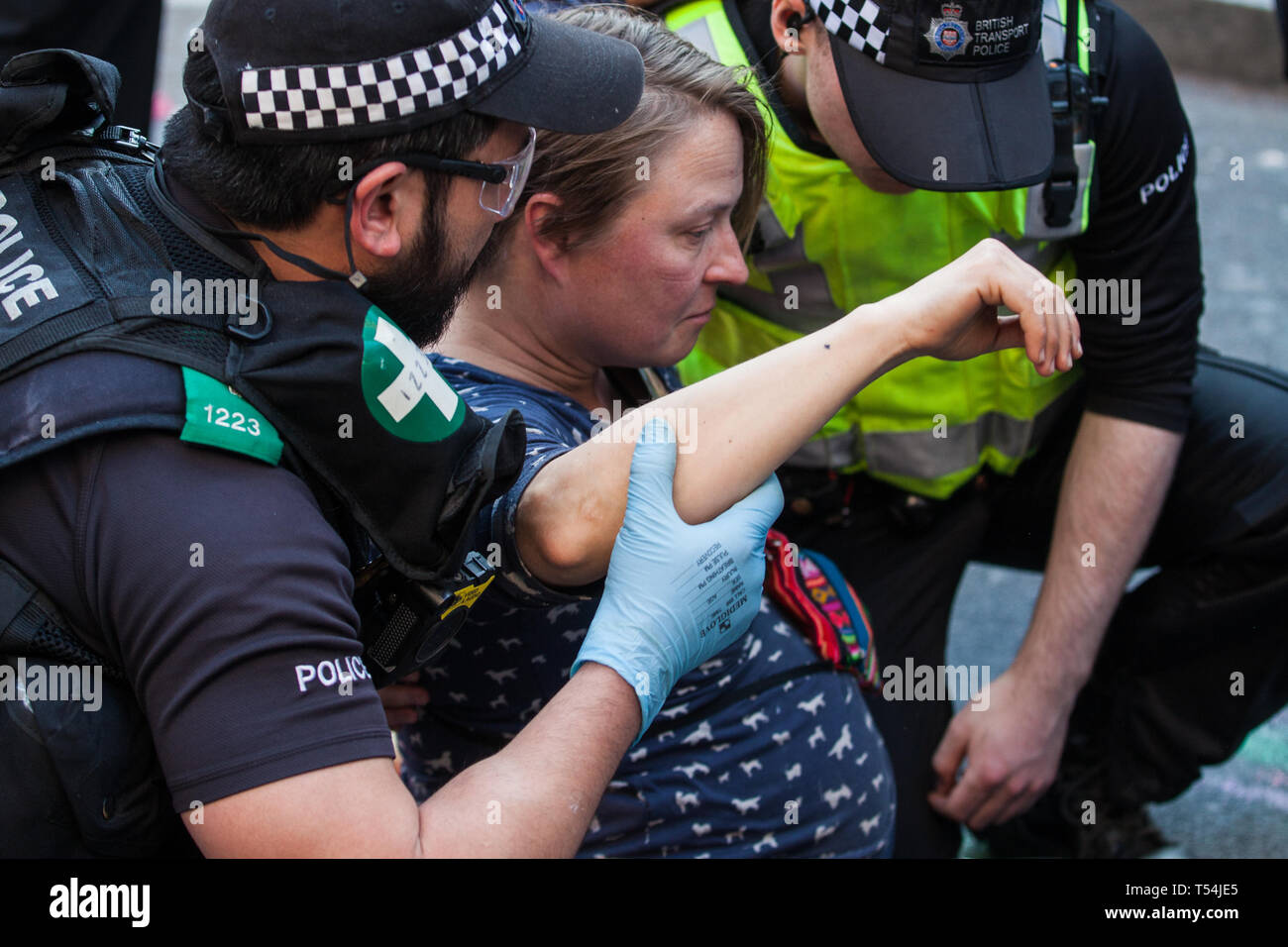 London, UK. 20th April 2019. Police officers remove Hanna, a seven ...