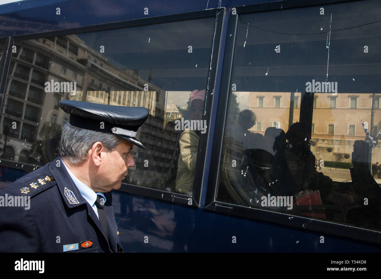 Athens, Greece. 20th Apr, 2019. A police officer seen looking at the ...