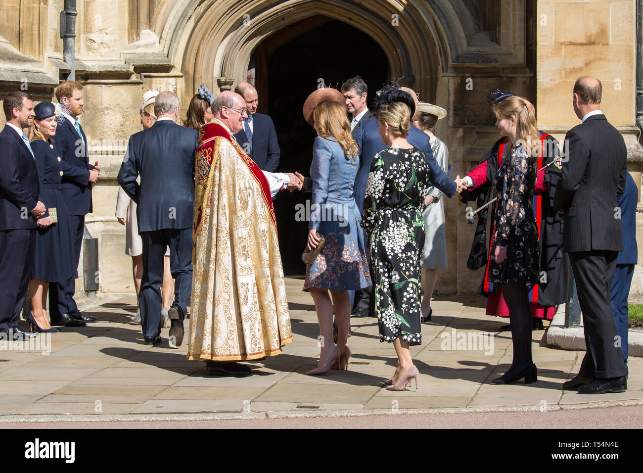 Windsor, UK. 21st April 2019. Princess Beatrice shakes the hand of the ...