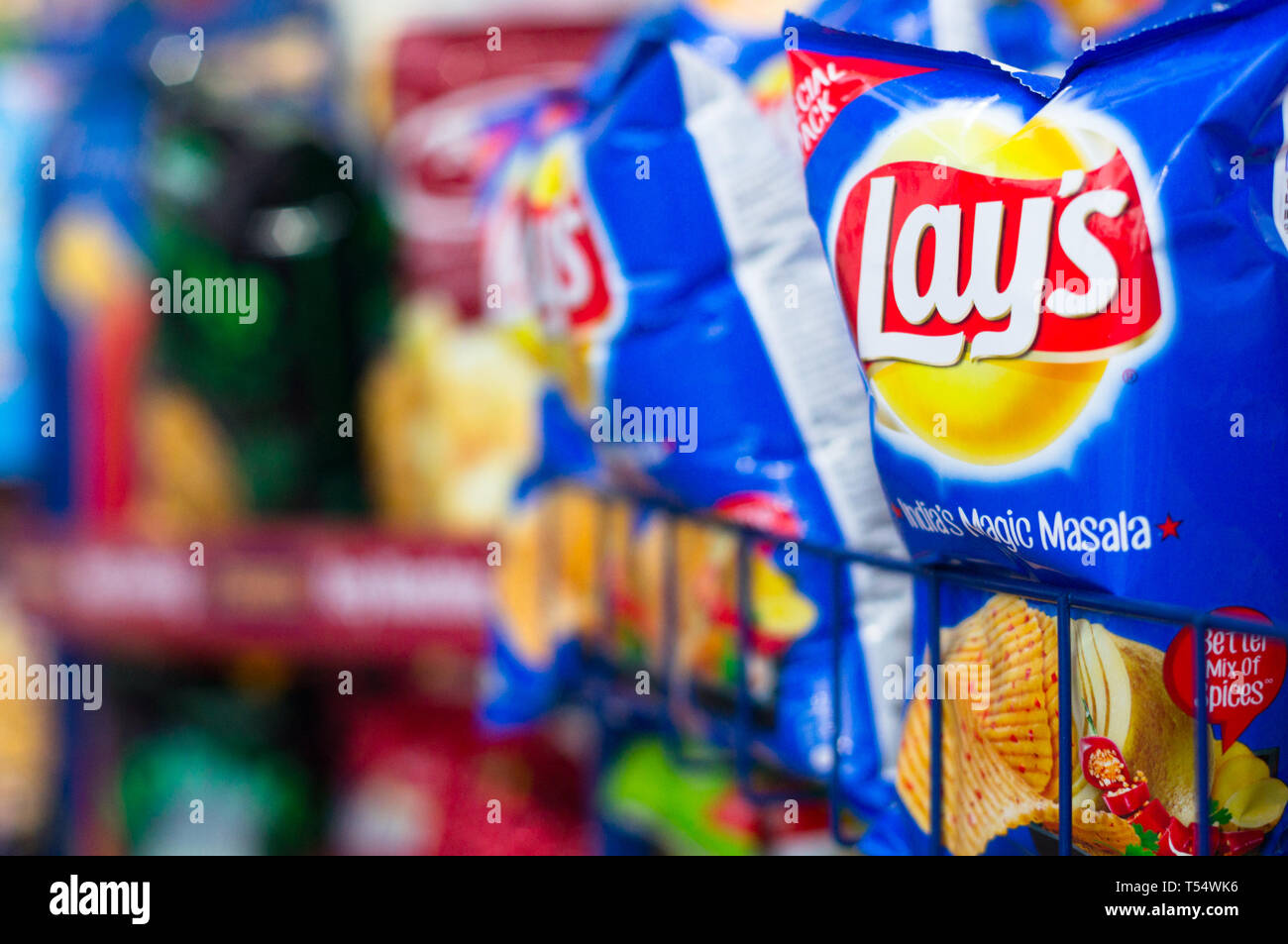 Colorful packaging of the top chip FMCG brands in indian retail stores ...