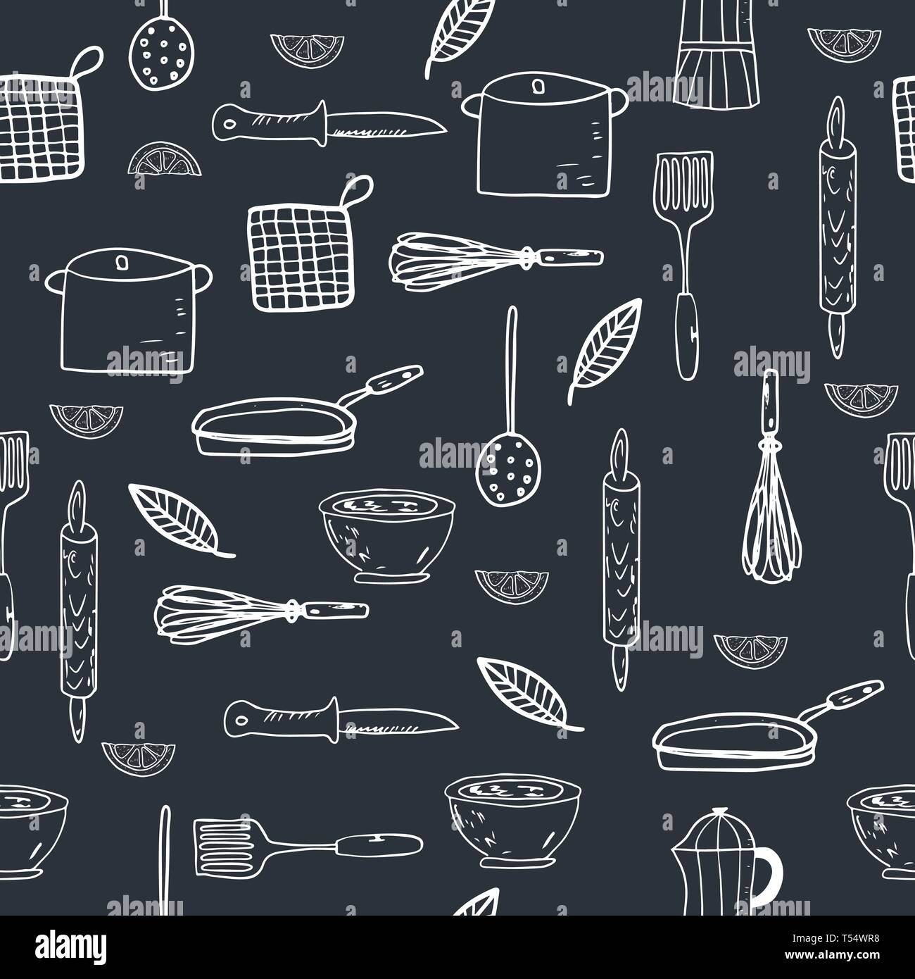 Hand drawn kitchenware seamless pattern on a chalkboard background ...