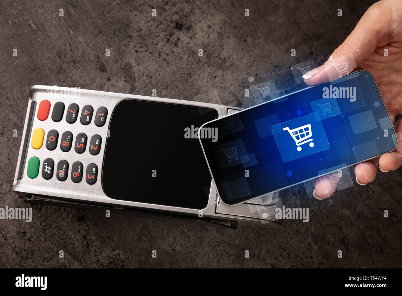 Easy paying with mobile phone in the market Stock Photo - Alamy