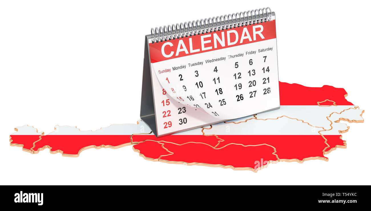 Desk calendar on the map of Austria. 3D rendering isolated on black ...