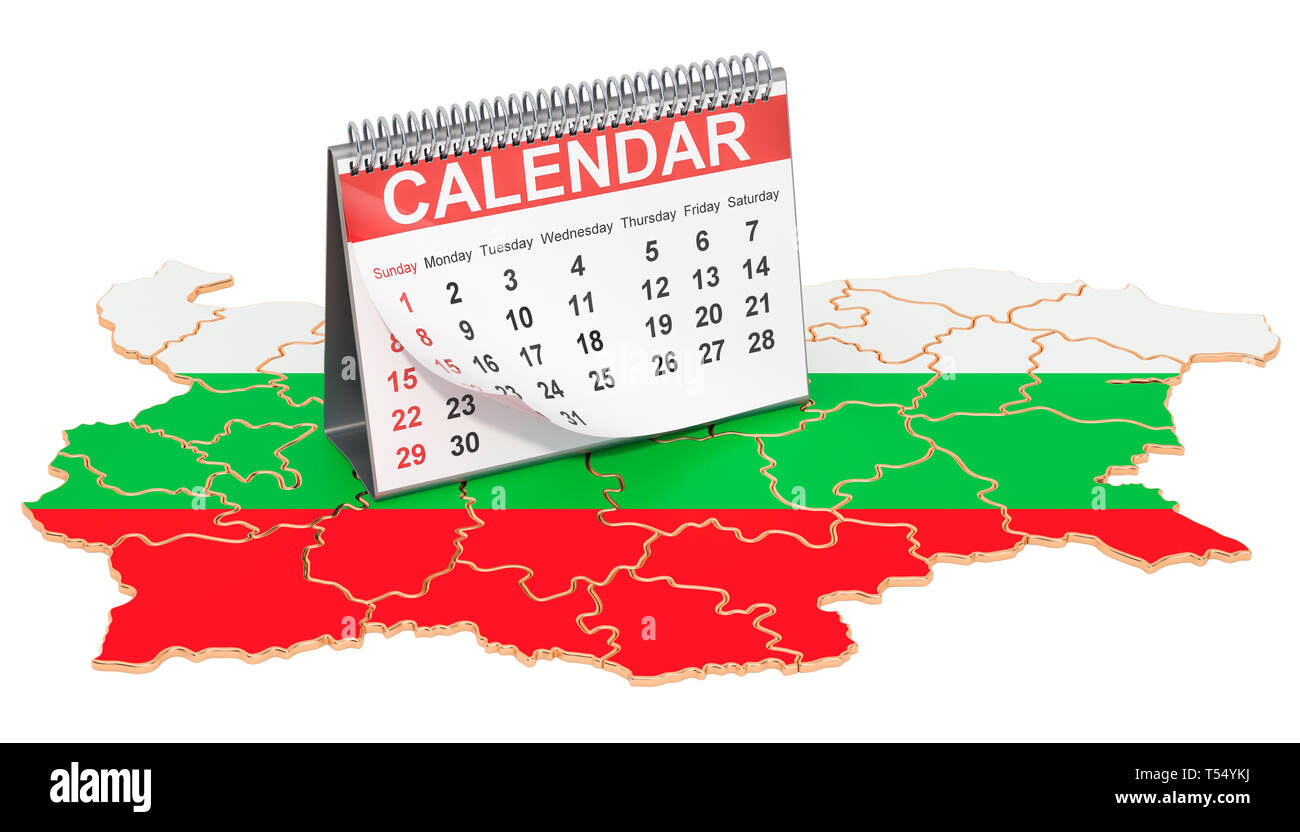 Desk calendar on the map of Bulgaria. 3D rendering isolated on black ...