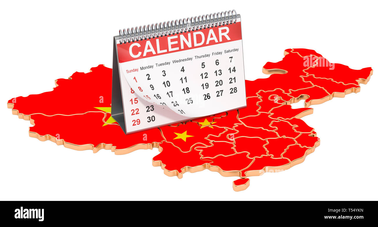 Desk calendar on the map of China. 3D rendering isolated on black ...