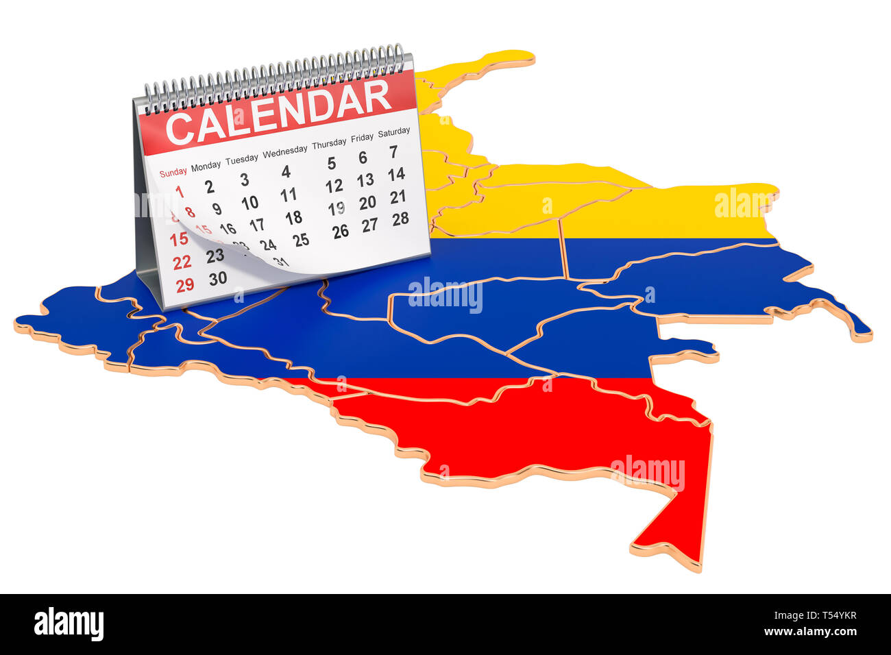 Desk calendar on the map of Columbia. 3D rendering isolated on black ...