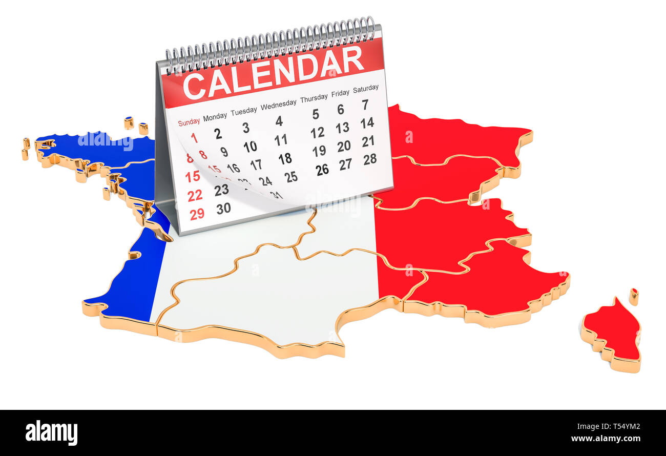 Desk calendar on the map of France. 3D rendering isolated on black ...