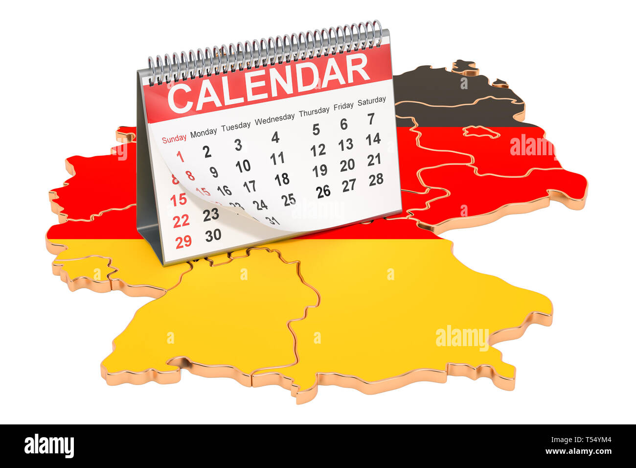 Desk calendar on the map of Germany. 3D rendering isolated on black ...