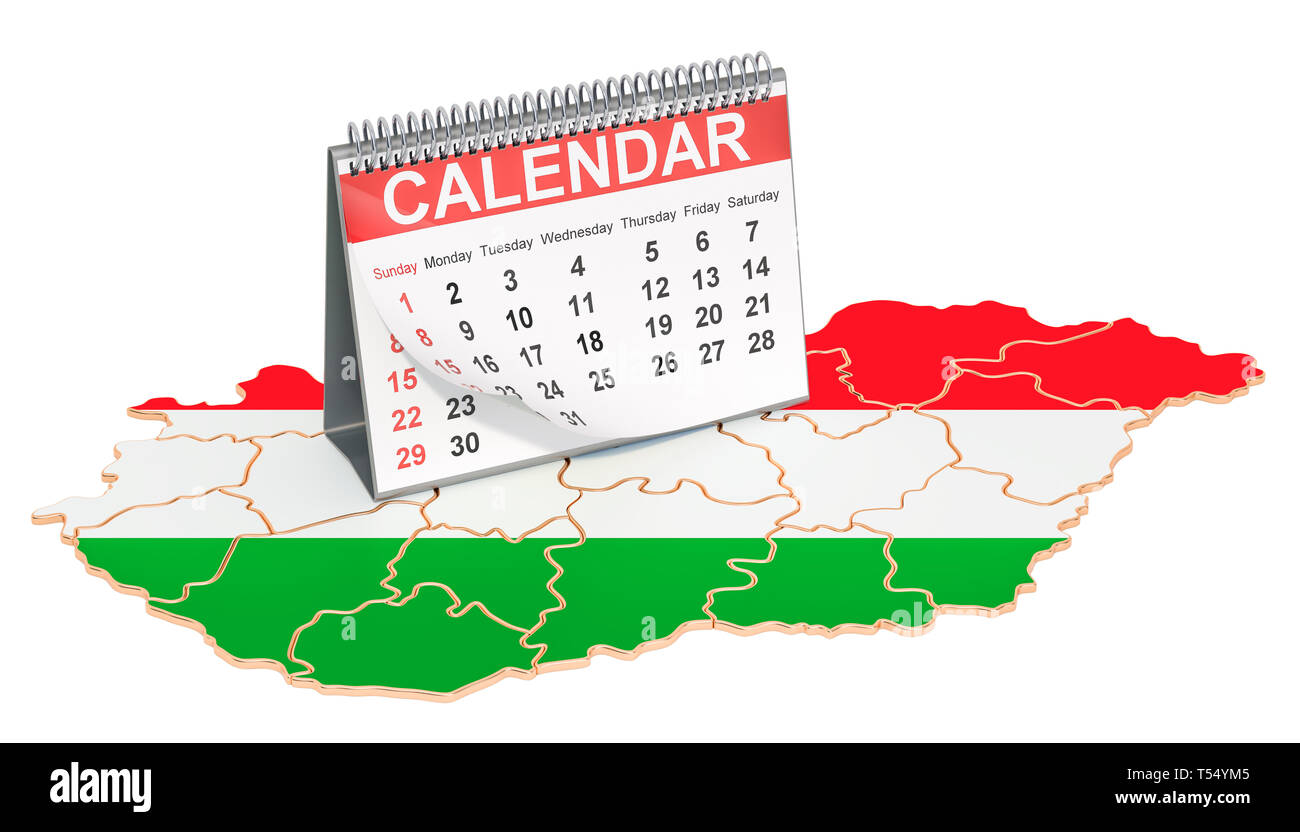 Desk calendar on the map of Hungary. 3D rendering isolated on black ...