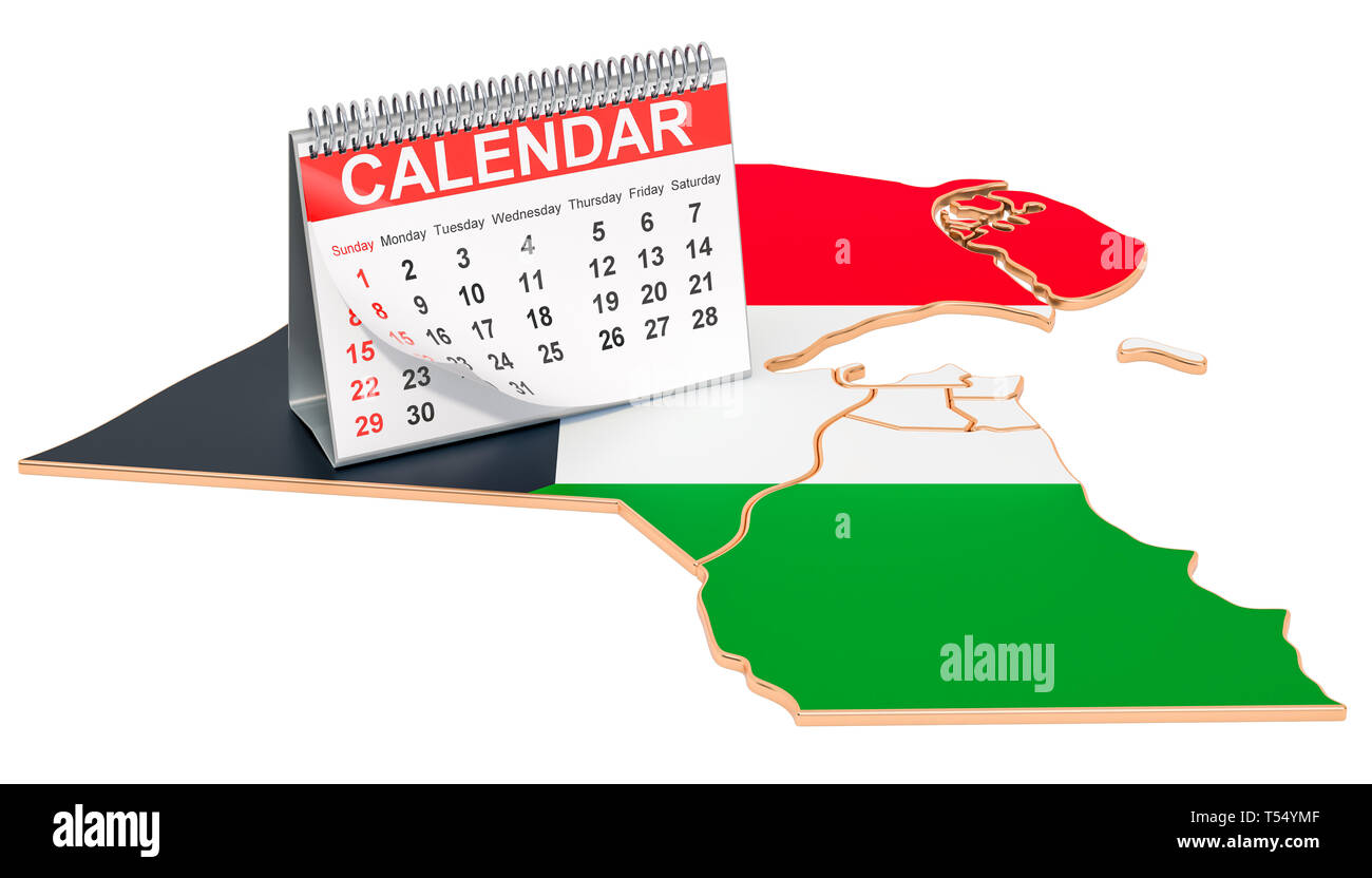 Desk calendar on the map of Kuwait. 3D rendering isolated on black ...