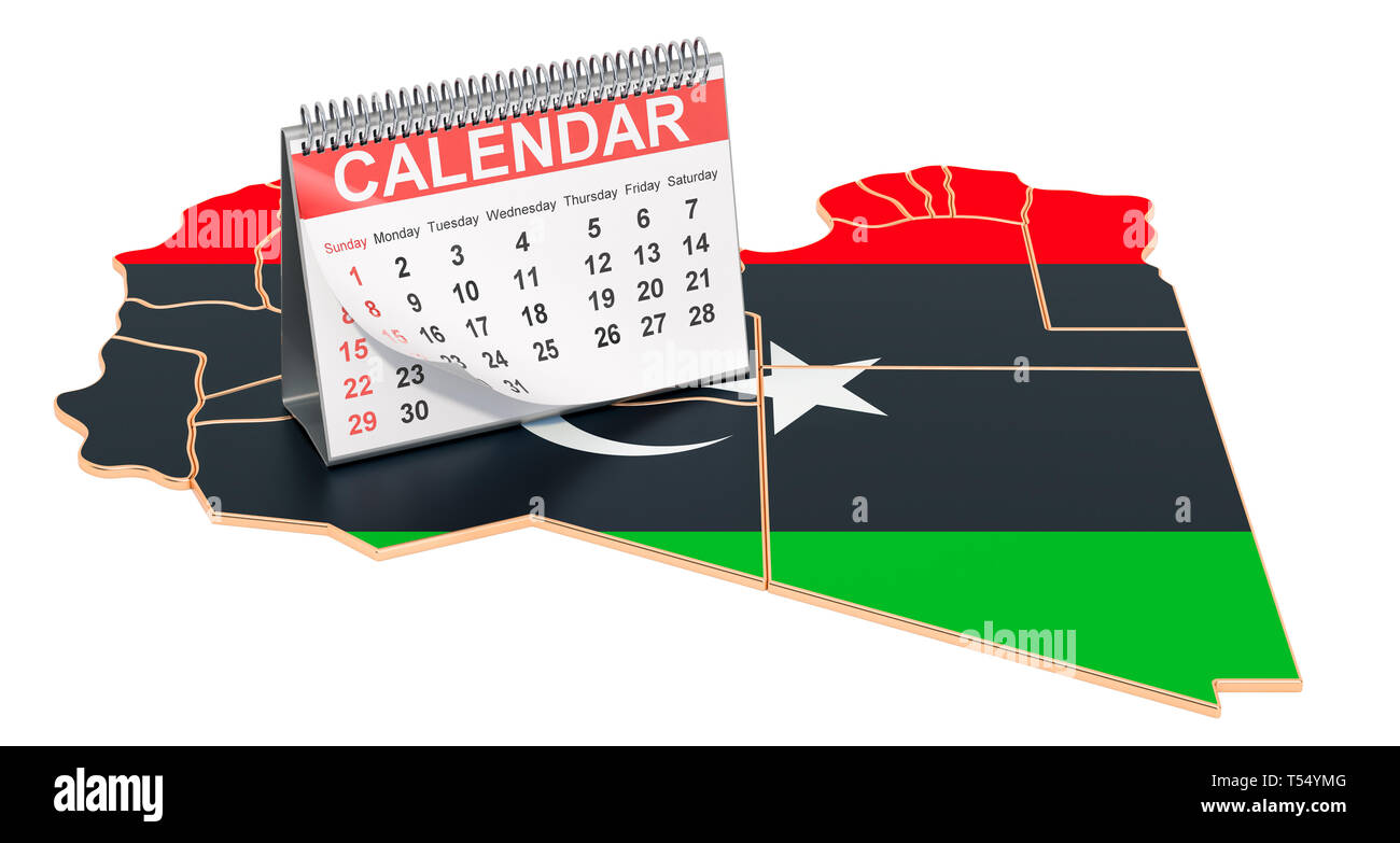 Desk calendar on the map of Libya. 3D rendering isolated on black ...