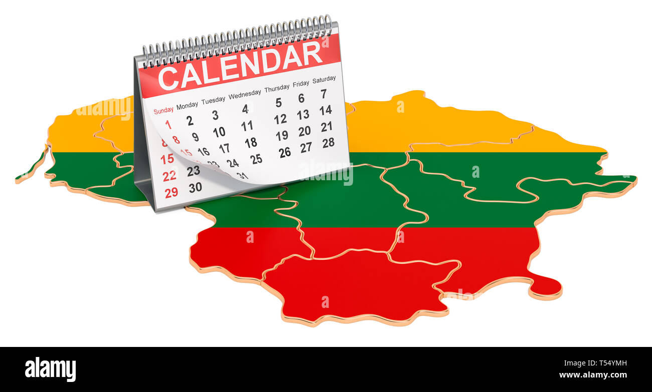 Desk calendar on the map of Lithuania. 3D rendering isolated on black ...