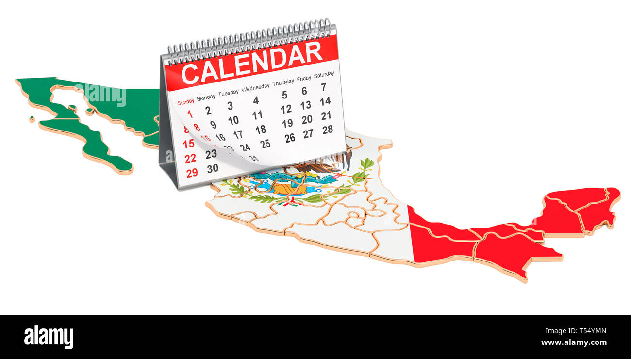 Desk calendar on the map of Mexico. 3D rendering isolated on black ...