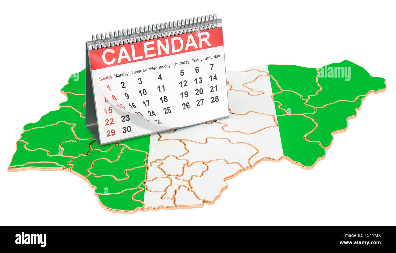 Desk calendar on the map of Nigeria. 3D rendering isolated on black ...