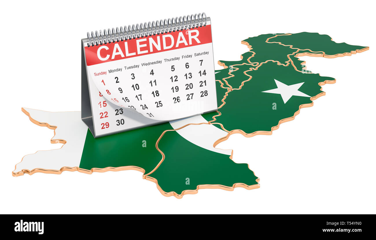 Desk calendar on the map of Pakistan. 3D rendering isolated on black ...