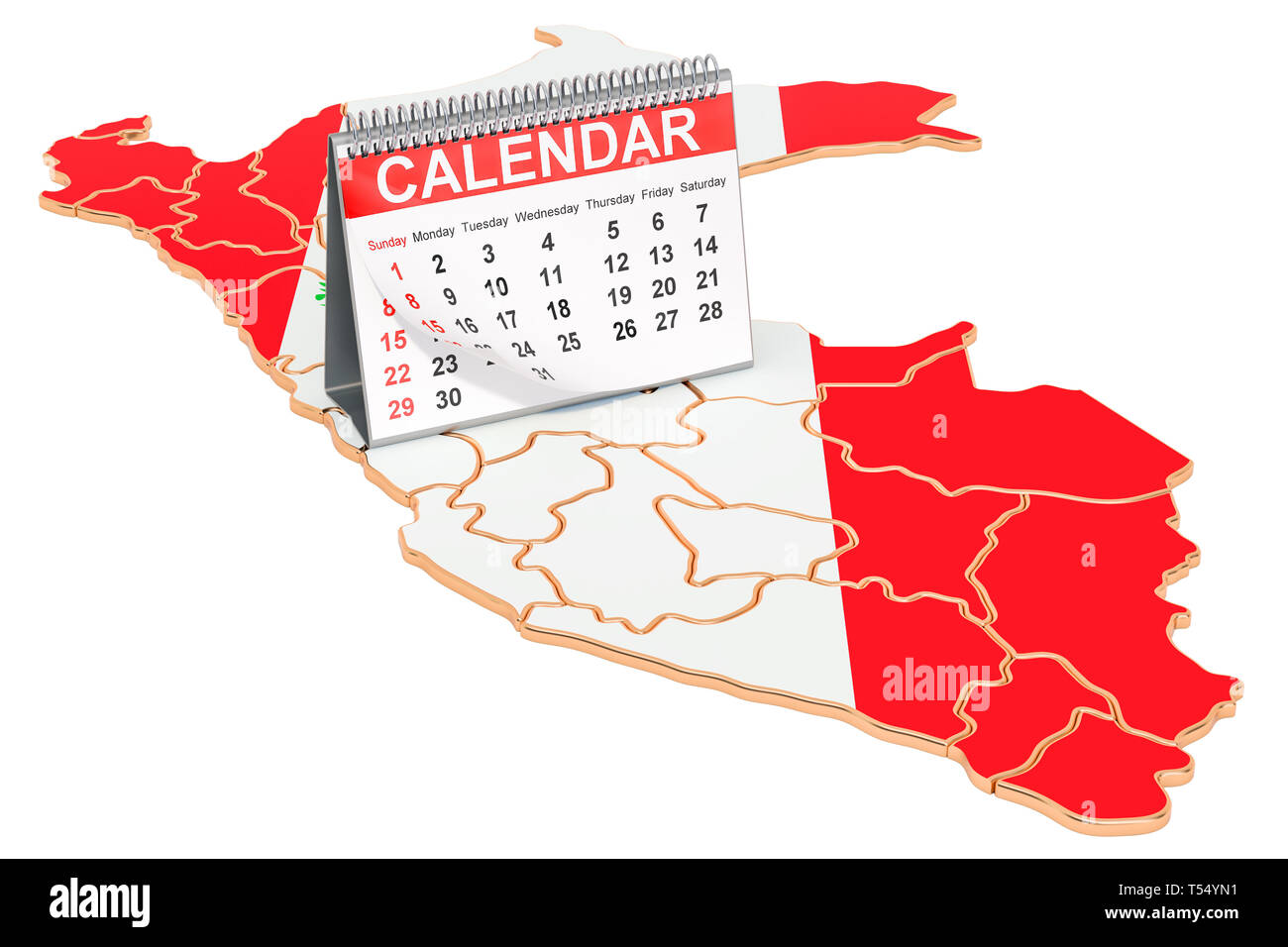 Desk calendar on the map of Peru. 3D rendering isolated on black ...