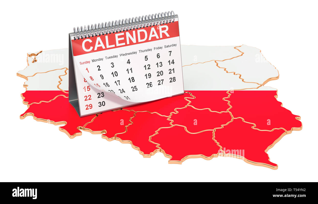 Desk calendar on the map of Poland. 3D rendering isolated on black ...