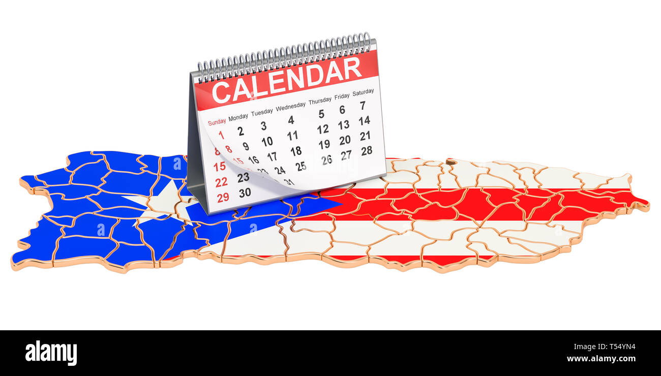Desk calendar on the map of Puerto Rico. 3D rendering isolated on black ...