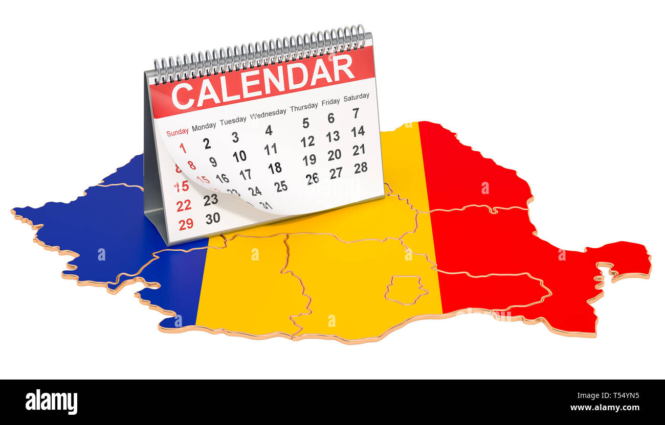 Desk calendar on the map of Romania. 3D rendering isolated on black ...