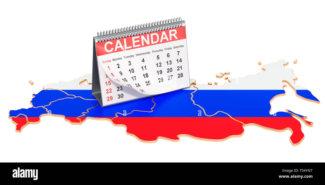 Desk calendar on the map of Russia. 3D rendering isolated on black ...