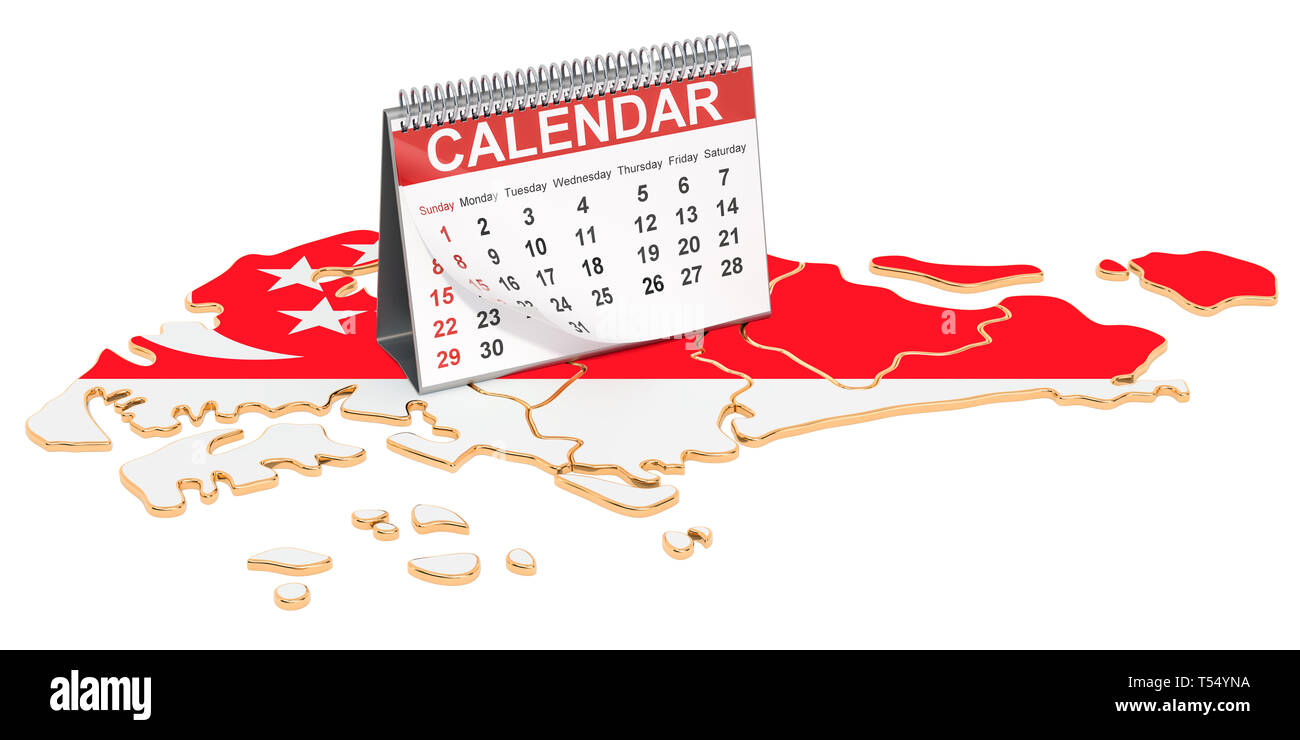 Desk calendar on the map of Singapore. 3D rendering isolated on black ...
