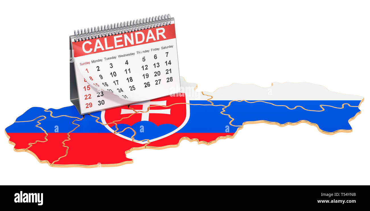 Desk calendar on the map of Slovakia. 3D rendering isolated on black ...