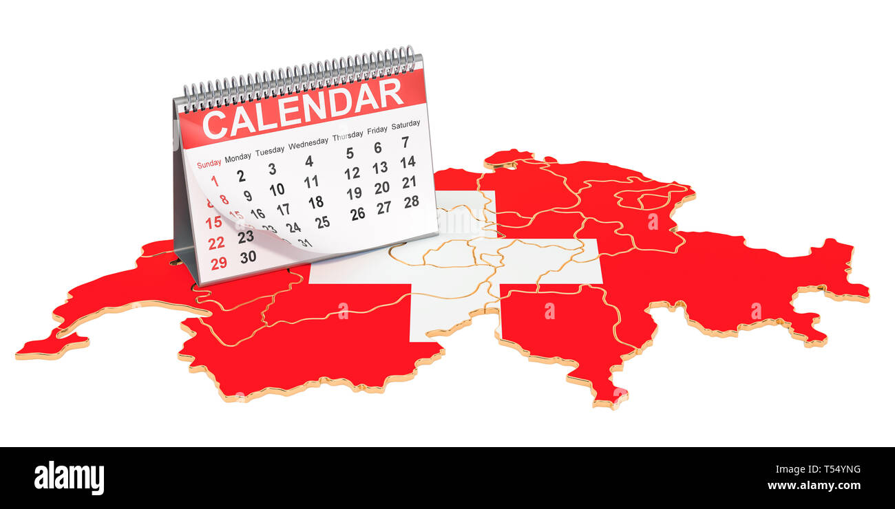 Desk calendar on the map of Switzerland. 3D rendering isolated on black ...