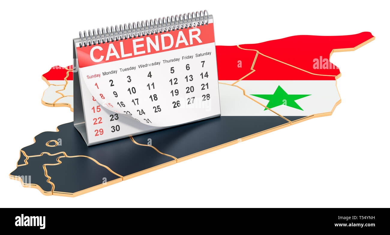 Desk calendar on the map of Syria. 3D rendering isolated on black ...