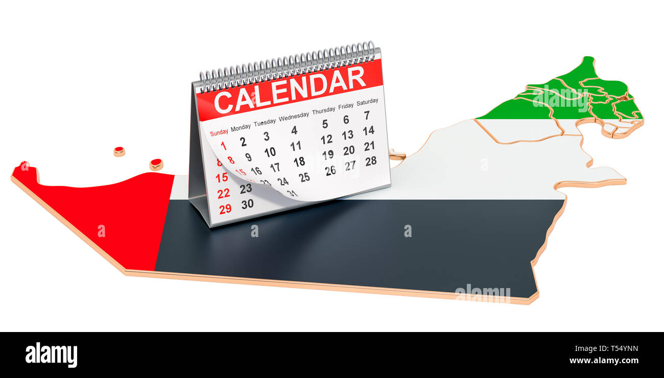 Desk calendar on the map of the United Arab Emirates. 3D rendering ...