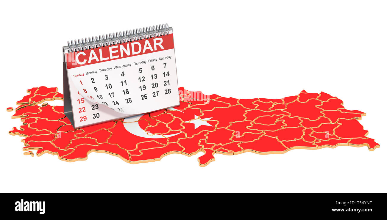 Desk calendar on the map of Turkey. 3D rendering isolated on black ...