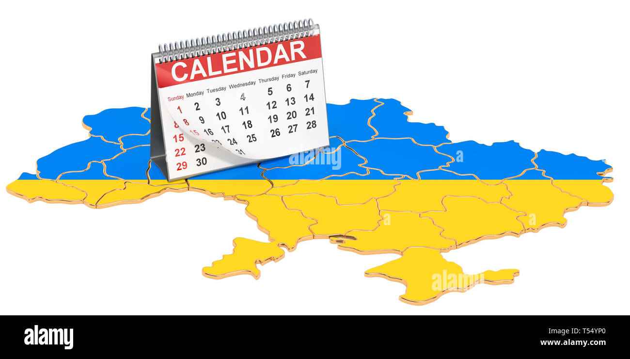Desk calendar on the map of Ukraine. 3D rendering isolated on black ...