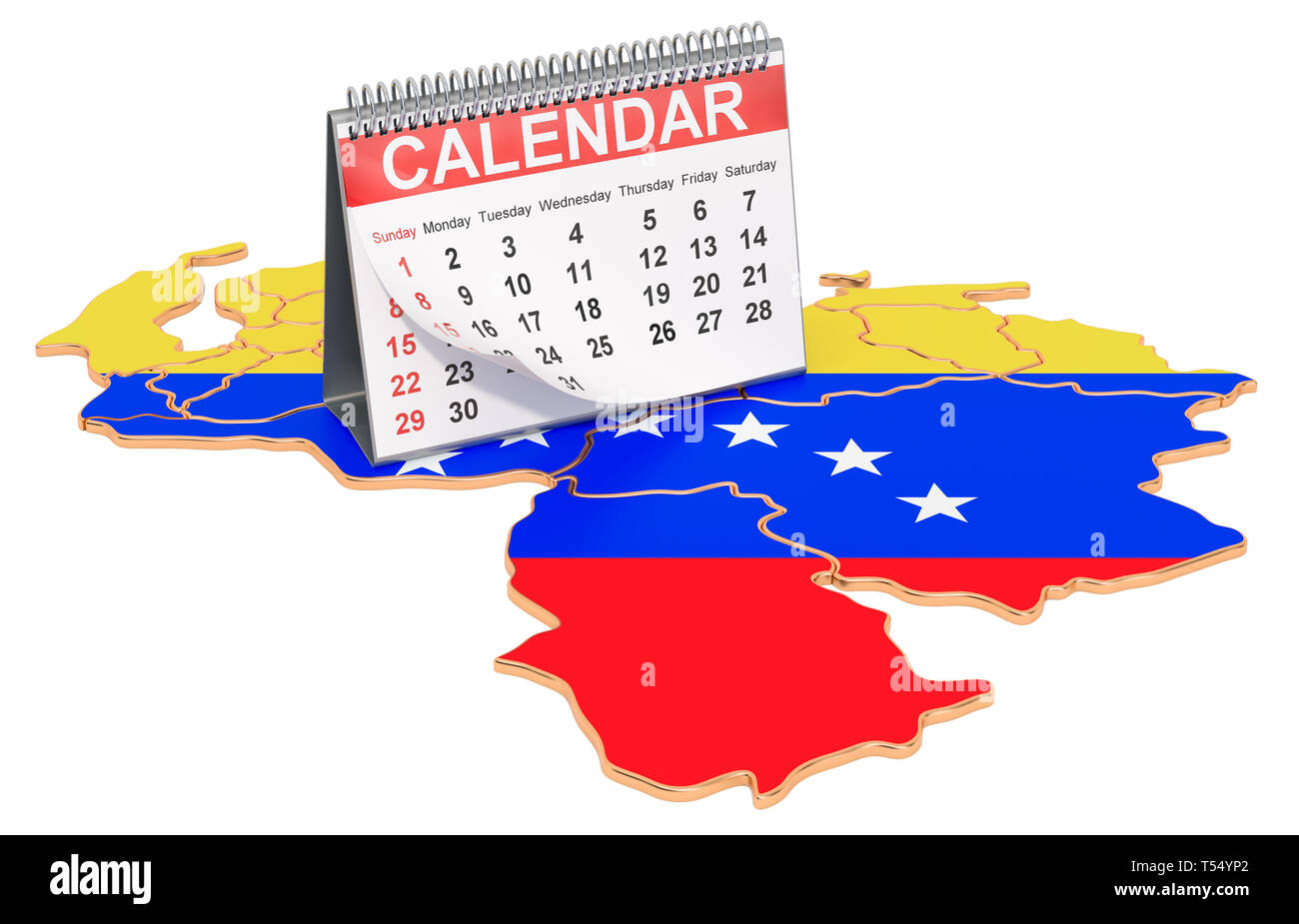 Desk calendar on the map of Venezuela. 3D rendering isolated on black ...