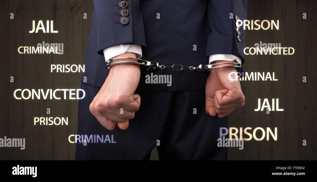 Jail convicted prison criminal labels with close handcuffed man Stock ...
