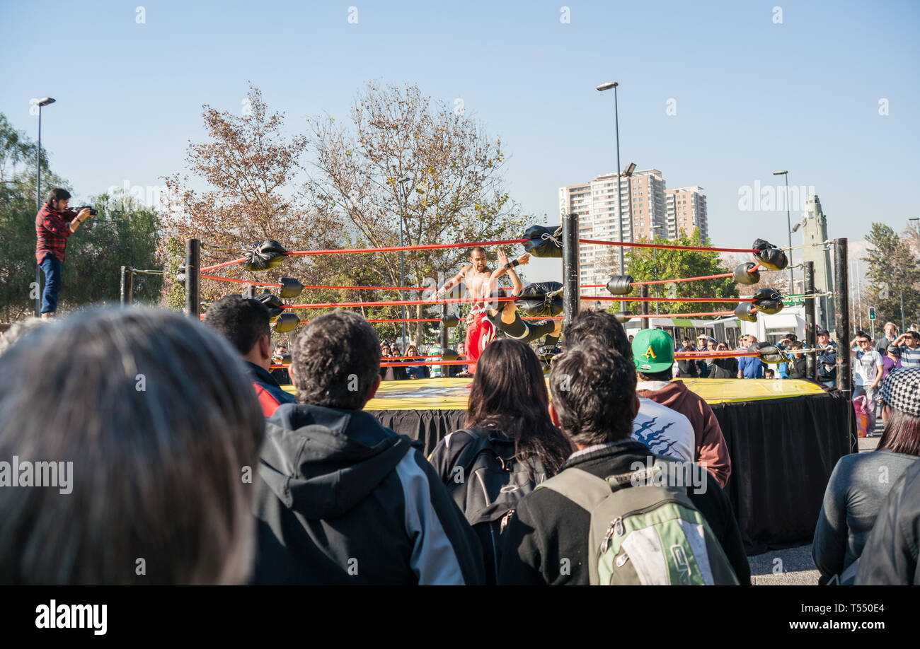 SANTIAGO CHILE - JUNE 24 2012; Outdoor crowd watching martial arts ...