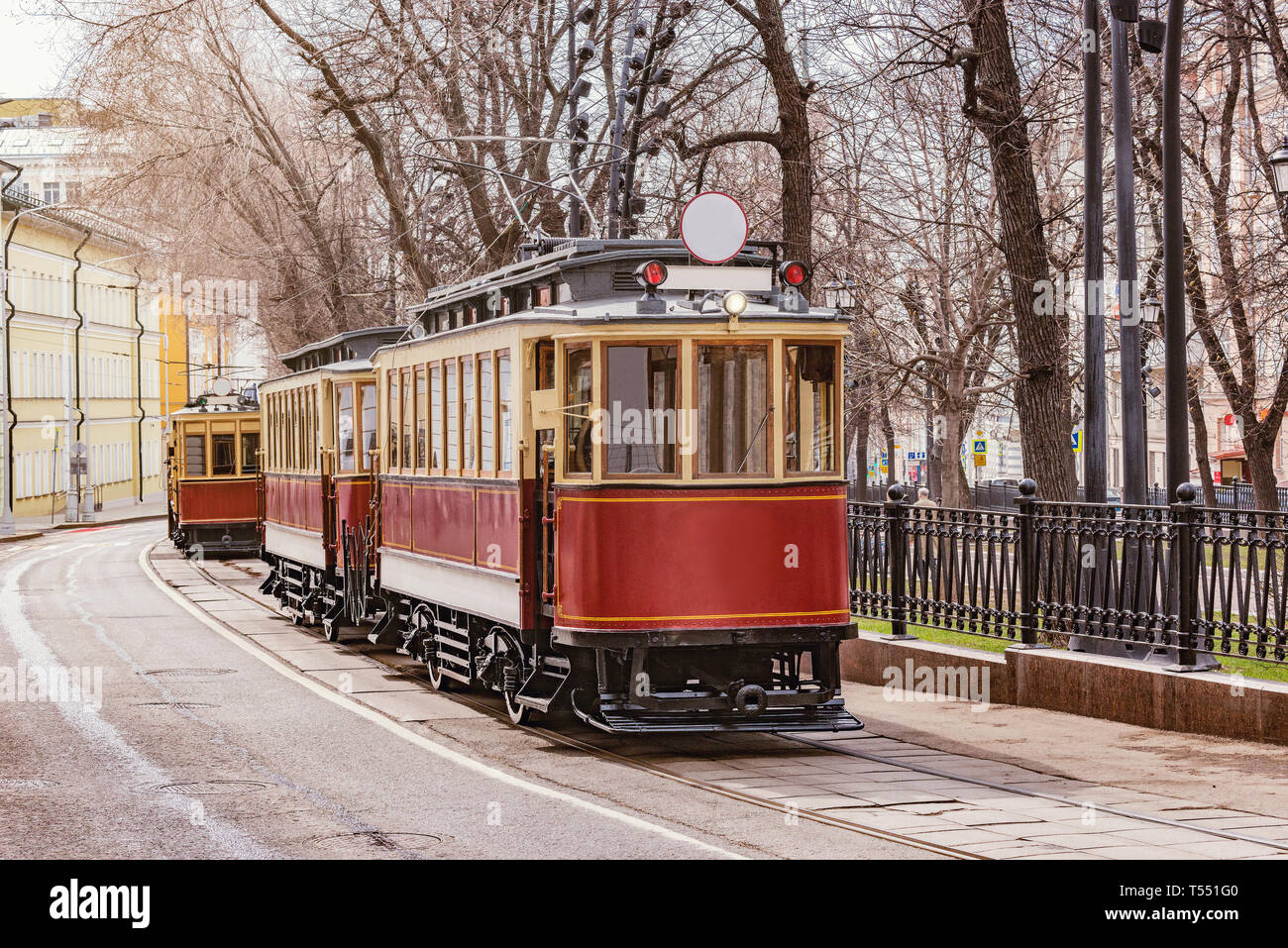 Old vintage tramway cars on the empty city street. Moscow. Russia Stock ...