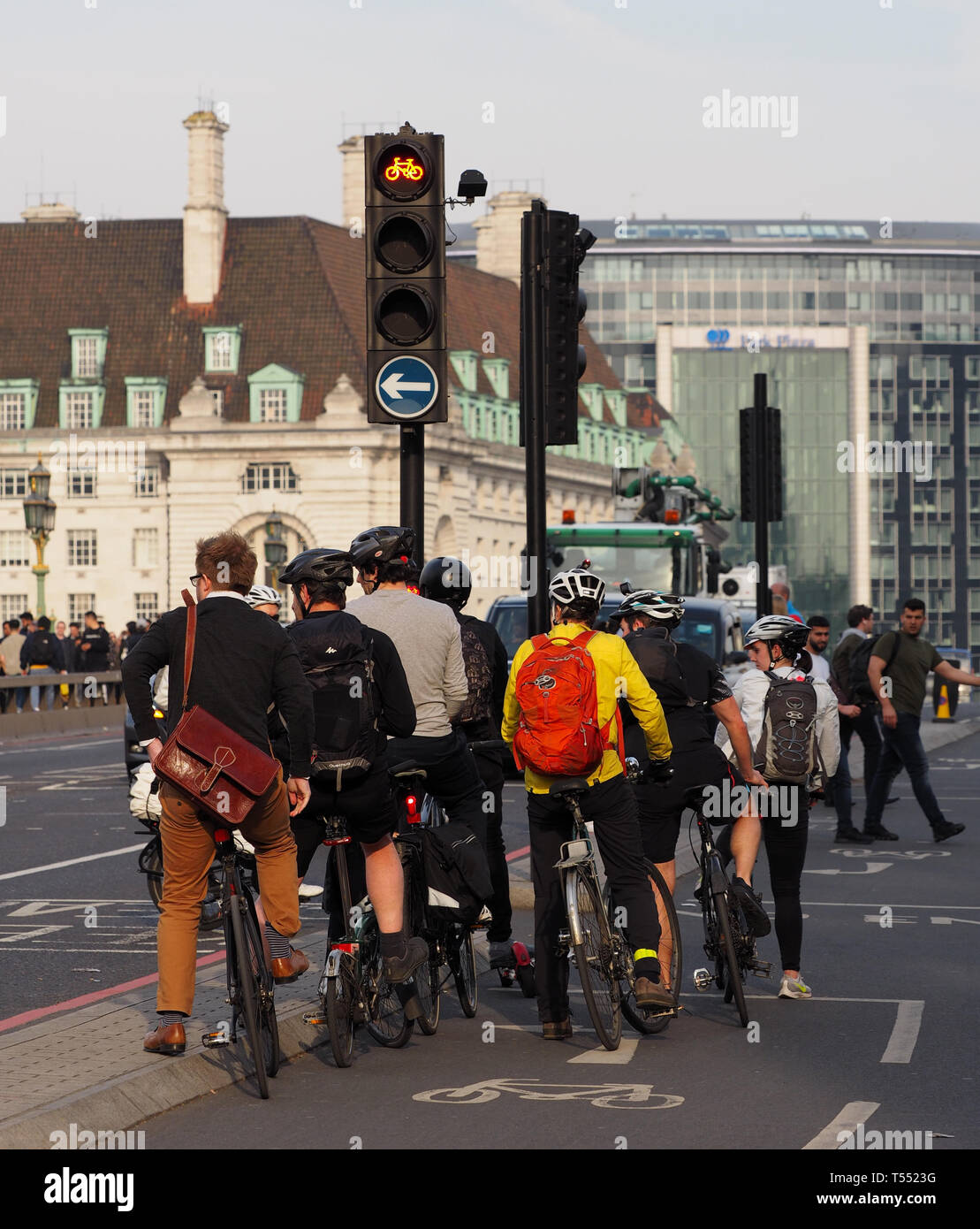 Cyclists waiting at traffic light in cycle lane, London, England, UK ...