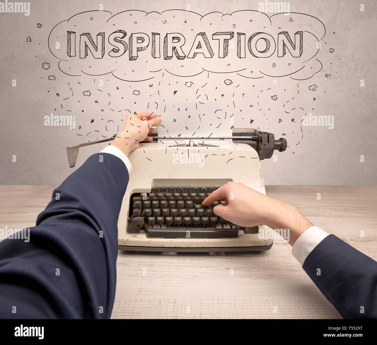 First person perspective hand writing on typewriter with cloud message ...