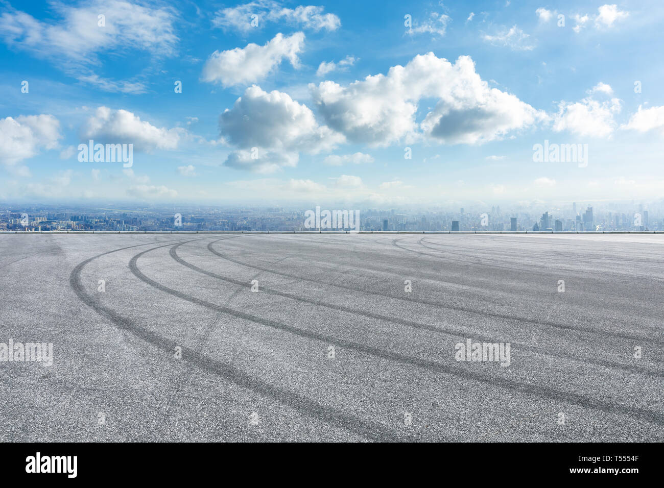 Shanghai city skyline and asphalt race track ground scenery,high angle ...