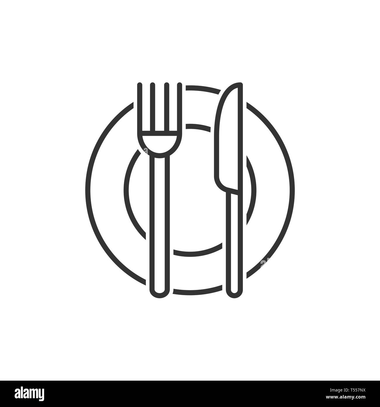 Fork, knife and plate icon in flat style. Restaurant vector ...