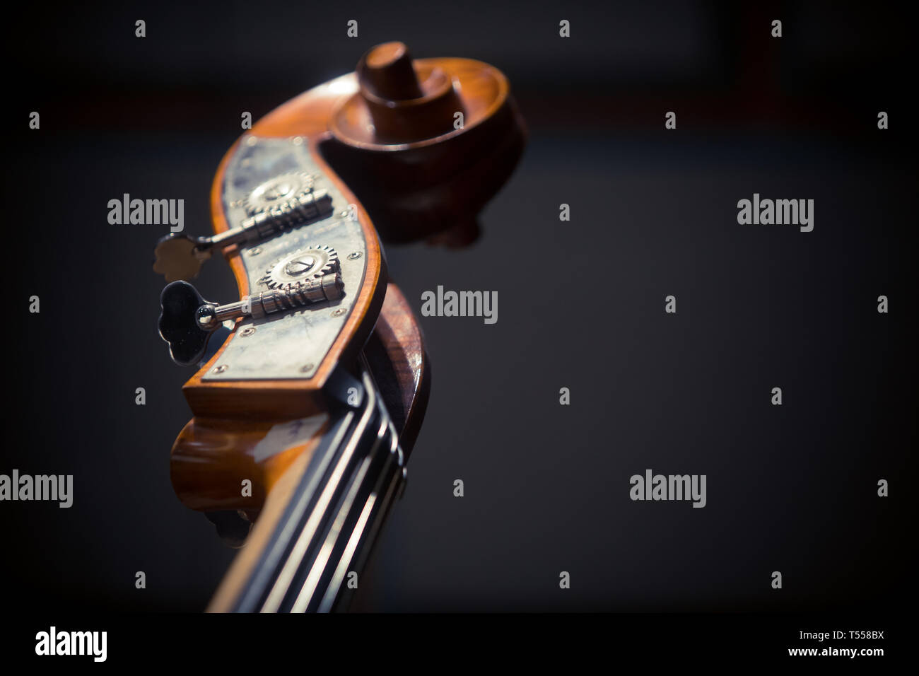 Close up shot of a double bass scroll and tuning pegs Stock Photo - Alamy
