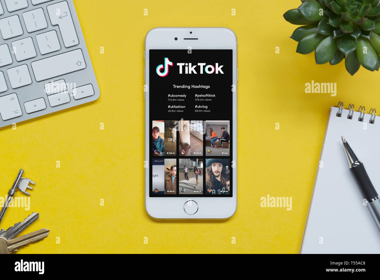 An iPhone showing the Tik Tok website rests on a yellow background ...