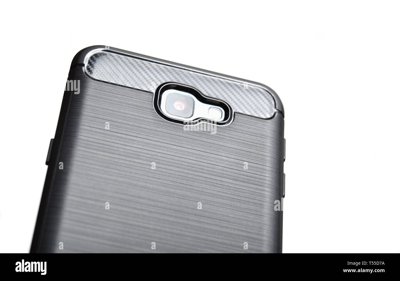 Back of smartphone with camera in protective case isolated on white ...
