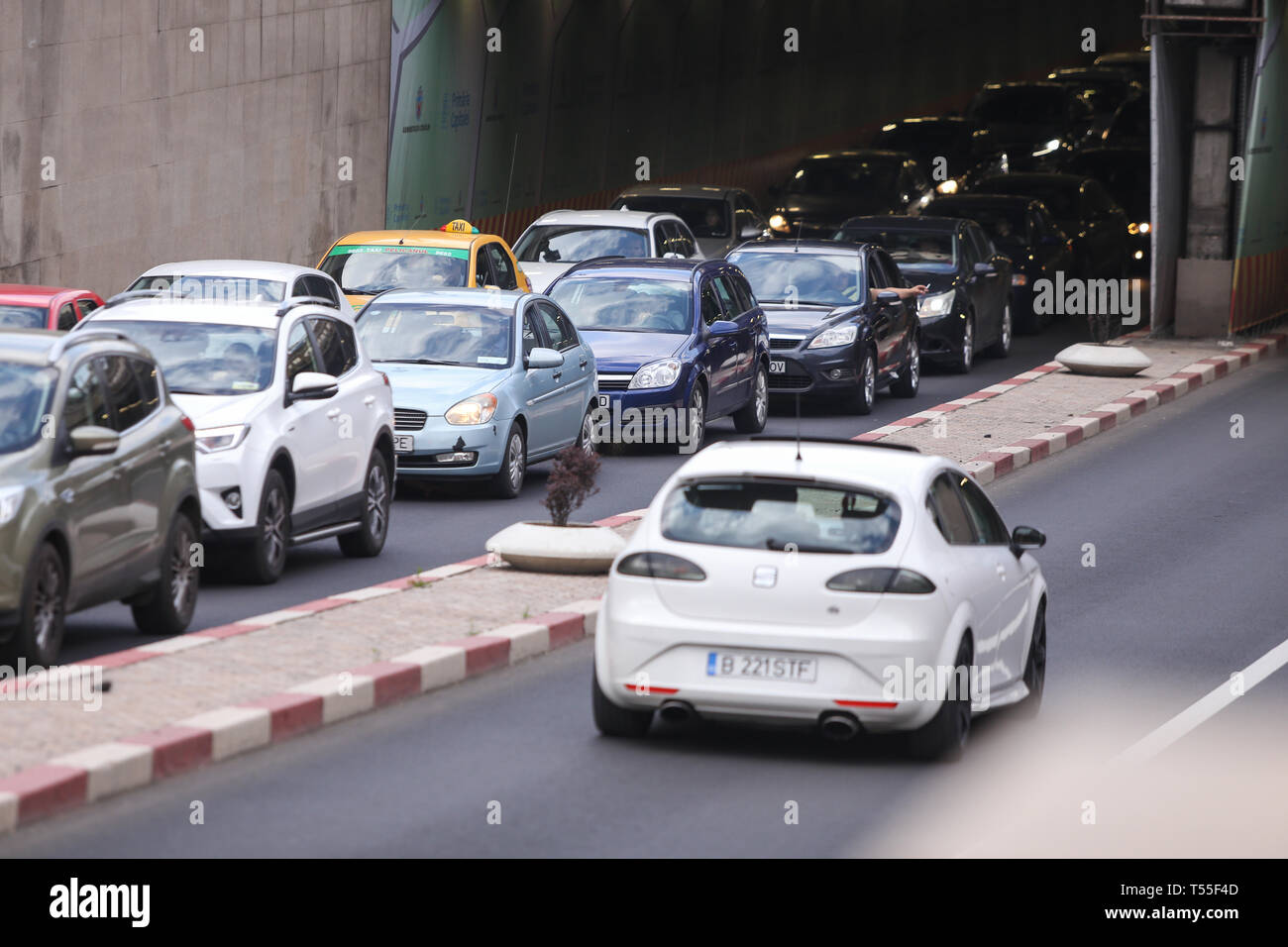 Bucharest, Romania - April 21, 2019: Cars in traffic in a passage seen ...