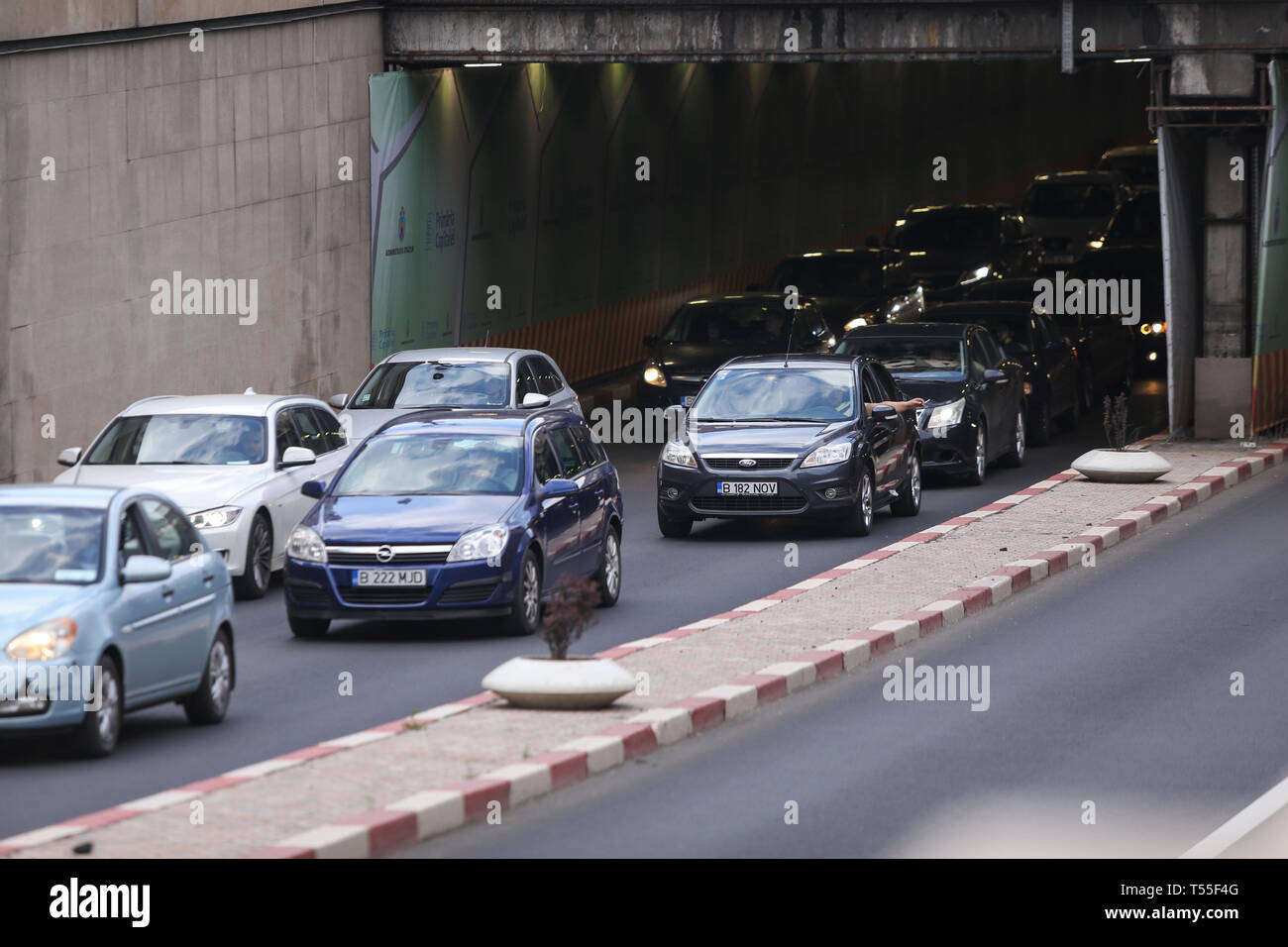 Bucharest, Romania - April 21, 2019: Cars in traffic in a passage seen ...