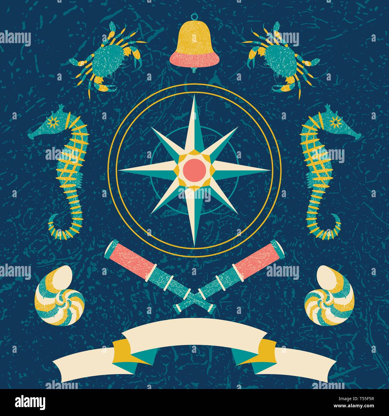 Nautical poster. Cartoon style with grunge effects. Tape for text ...