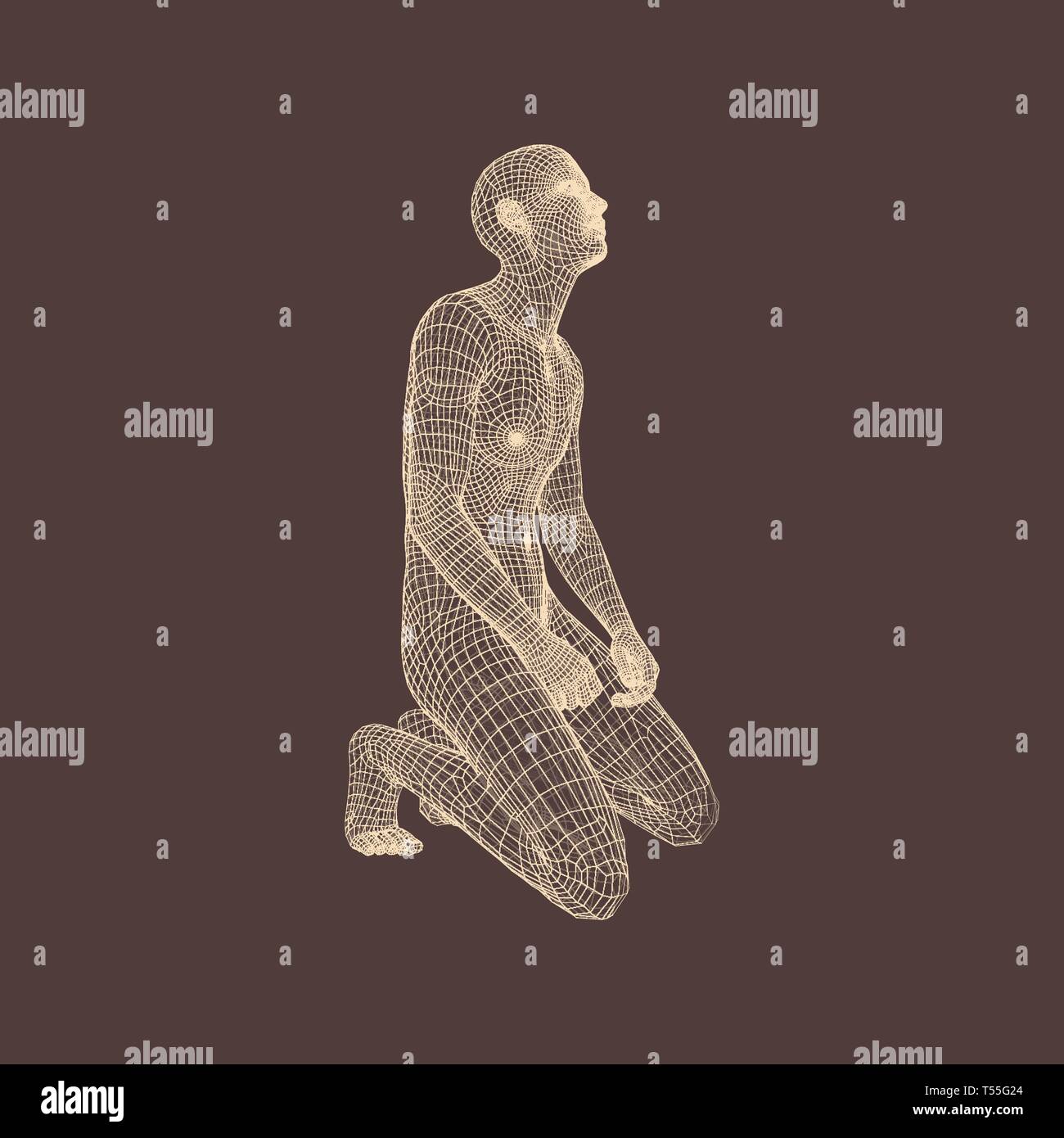 Man kneeling and praying to God. 3D Human Body Model Stock Vector Image ...