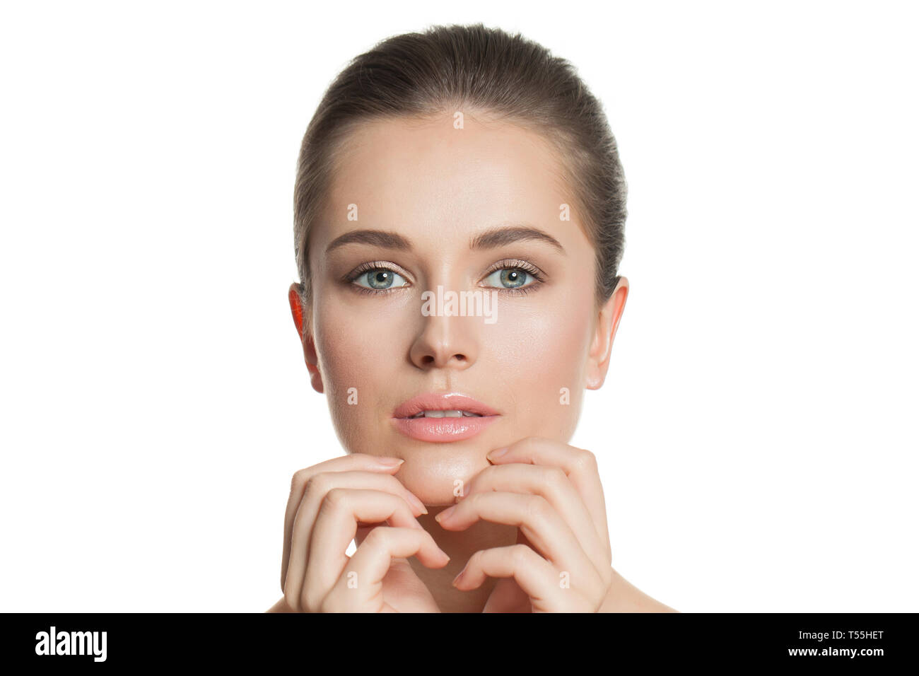 Beautiful female face closeup portrait. Healthy model with natural ...