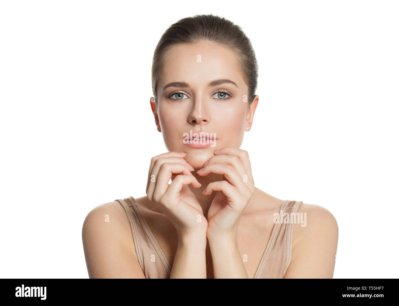 Attractive model with clear skin isolated on white background. Natural ...