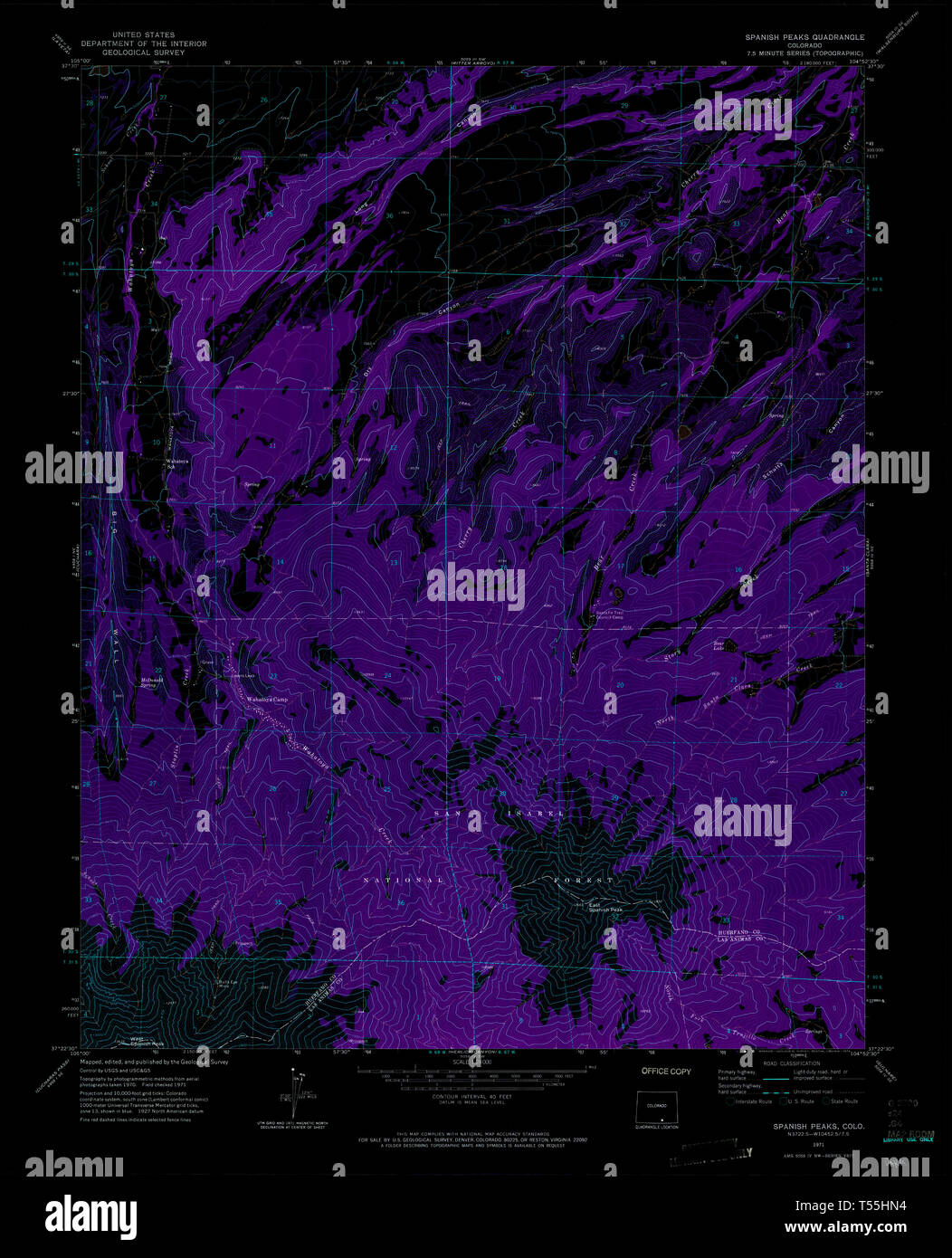 USGS TOPO Map Colorado CO Spanish Peaks 402158 1971 24000 Inverted ...